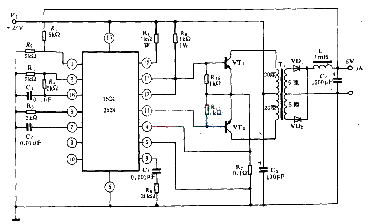 SG1524/SG3524推挽变换电源——输入28V，输出5V,5A–电路图–电子工程世界