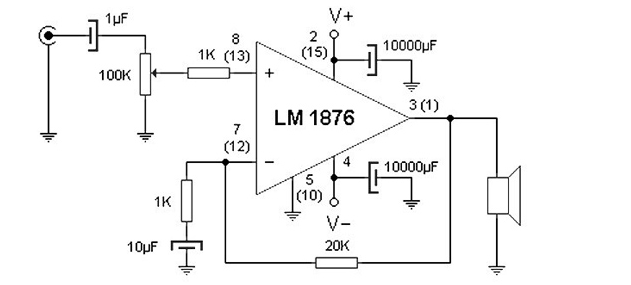 基于LM1876的20W立体声放大器电路–电路图–电子工程世界