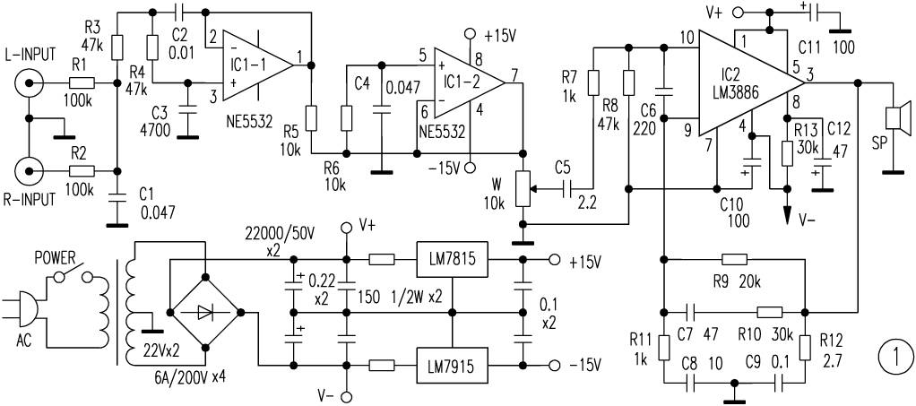 LM3886 subwoofer amplifier circuit diagram-EEWORLD