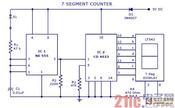 七段计数器LED显示电路图-电子工程世界