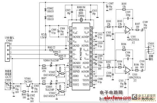 由PCM2702构成的USB接口的DAC原理图-电子工程世界